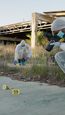 Forensic, marker and photographer at crime scene with camera for ...