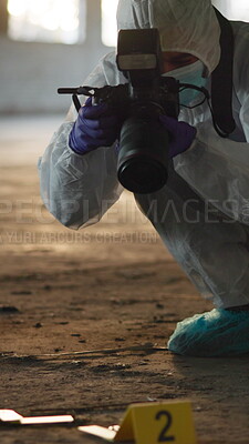 Forensic, marker and photographer at crime scene with camera for ...