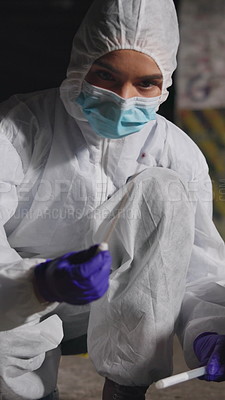 Forensic, crime scene and swab with hands, night and expert with ...
