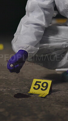 Forensic, crime scene and swab of blood, night and expert with gloves ...