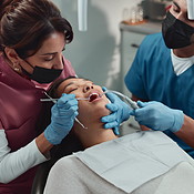 Dentist, patient and teeth check with dental assistance for ...