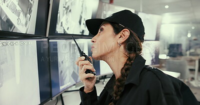 Security guard, report and radio with woman in control room for safety ...