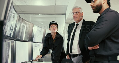 Security, detective and crime investigation with people in control room ...