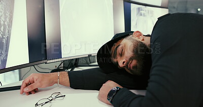 Sleeping, surveillance and computer screen with woman in office for ...