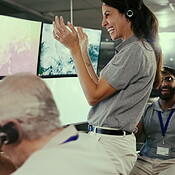 Success, launch and mission control with people in control room for ...