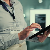 Computer, tablet and hands of woman with coding, prosthetic innovation ...