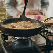 Cooking, stirring and hands of person in kitchen for recipe, culinary ...