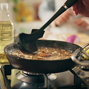 Hands, cooking and stirring of pan, recipe and meal preparation for ...