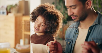 Holding hands, family and praying for food, child and benefits of ...