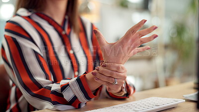Business, person and wrist with pain in office for work injury, muscle ...