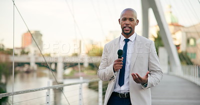 Man, news reporter and broadcast with mic in street, face and urban ...