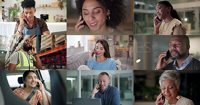 Phone call, people or talking in collage for contact, business or ...