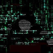 Hacker, laptop and coding overlay of language for data transfer, binary ...