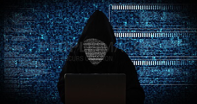 Hacker, laptop and coding overlay of language for data transfer, binary code and programming ...