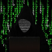 Hacker, laptop and glitch of coding language for data transfer, binary code and programming ...