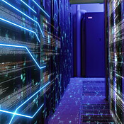 Server room, hacking and coding with data transfer on digital for binary code, programming ...