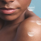 Skincare, overlay and woman in studio with natural, glow and body ...