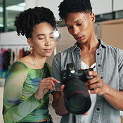 Photographer, model and collaboration in studio for photography, camera ...