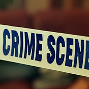 Crime scene, tape and forensic investigation at night with evidence ...