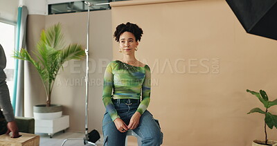 Woman, smile and backstage for fashion with photographer, film set ...