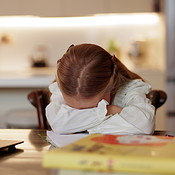 Homework, sad and girl with burnout, laptop and boredom with education ...