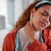 Woman, hand and neck pain in home with stress, discomfort and massage ...
