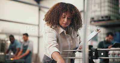Checklist, factory and distillery with woman and clipboard for ...