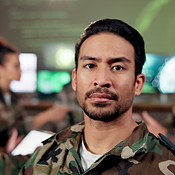 Military, meeting and team with face of man at headquarters for defense ...