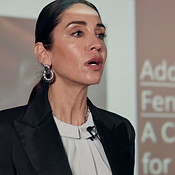 Woman, presenter and stage for event, talk and advice on drugs crisis ...