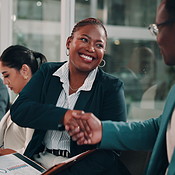 Business people, hiring and handshake for welcome, human resources and ...