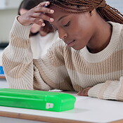 Student, stress and writing exam with scholarship, thinking and anxiety ...