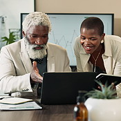 Black people, business and laptop with meeting for collaboration ...