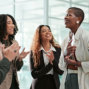 Award, clapping and group in office, smile and celebration for ...