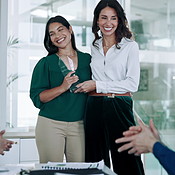 Presentation, award and woman with audience applause, prize and meeting ...