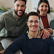 People, employee and smile on portrait for coding, programing and system update as software ...