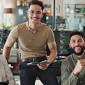 Face, software engineer and happy group of business people in startup ...