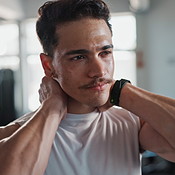 Bodybuilder, neck pain and workout with man and massage for training ...