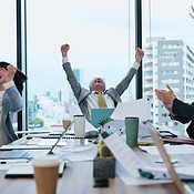 Business people, paper throw and excited in meeting, applause and ...