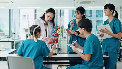 Doctor, medical students and heart anatomy toy for demonstration for ...