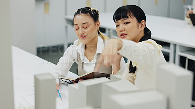 Women, students and architecture with building model for floor plan ...