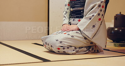 Woman, hands and Japanese religious prayer with smile for healing ...