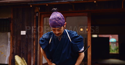 Warrior, bow and martial arts sensei in dojo for practice routine ...