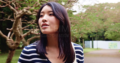 Thinking, peace and Japanese woman in park for reflection, calm and ...