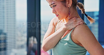 Dance, shoulder pain and pressure with Japanese woman in studio for ...