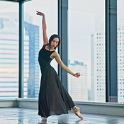 Girl, ballet and dancing at window with talent, elegance or audition ...