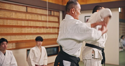 Master, student and practice in dojo for karate, kung fu and training ...