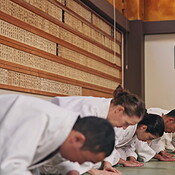 Dojo, people and respect with bow for martial arts, karate practice or ...