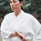 Martial arts, warrior and woman in forest, outdoor and serious for ...