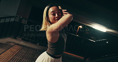 Asian woman, dancer and night with style for street performance ...