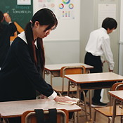 Asian, students and cleaning classroom with desks for hygiene ...